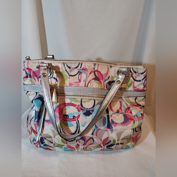 Coach | Bags | Coach Multicolor Patterned Tote With Silver Accents ...